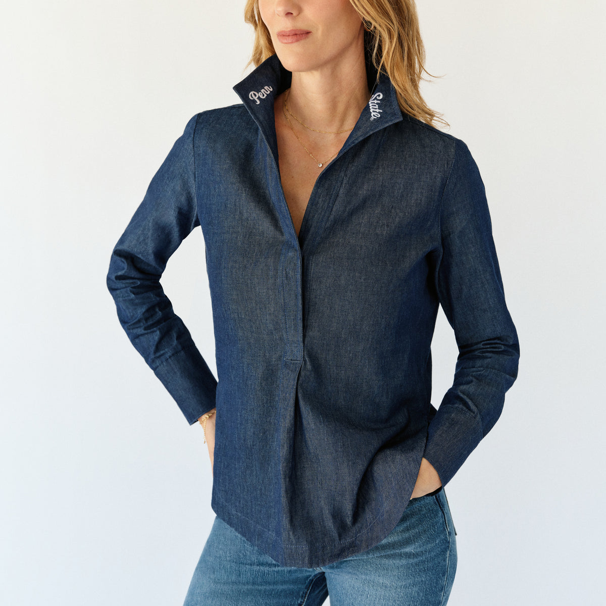 The Popped Collar Blouse in Chambray – Abigail Collins